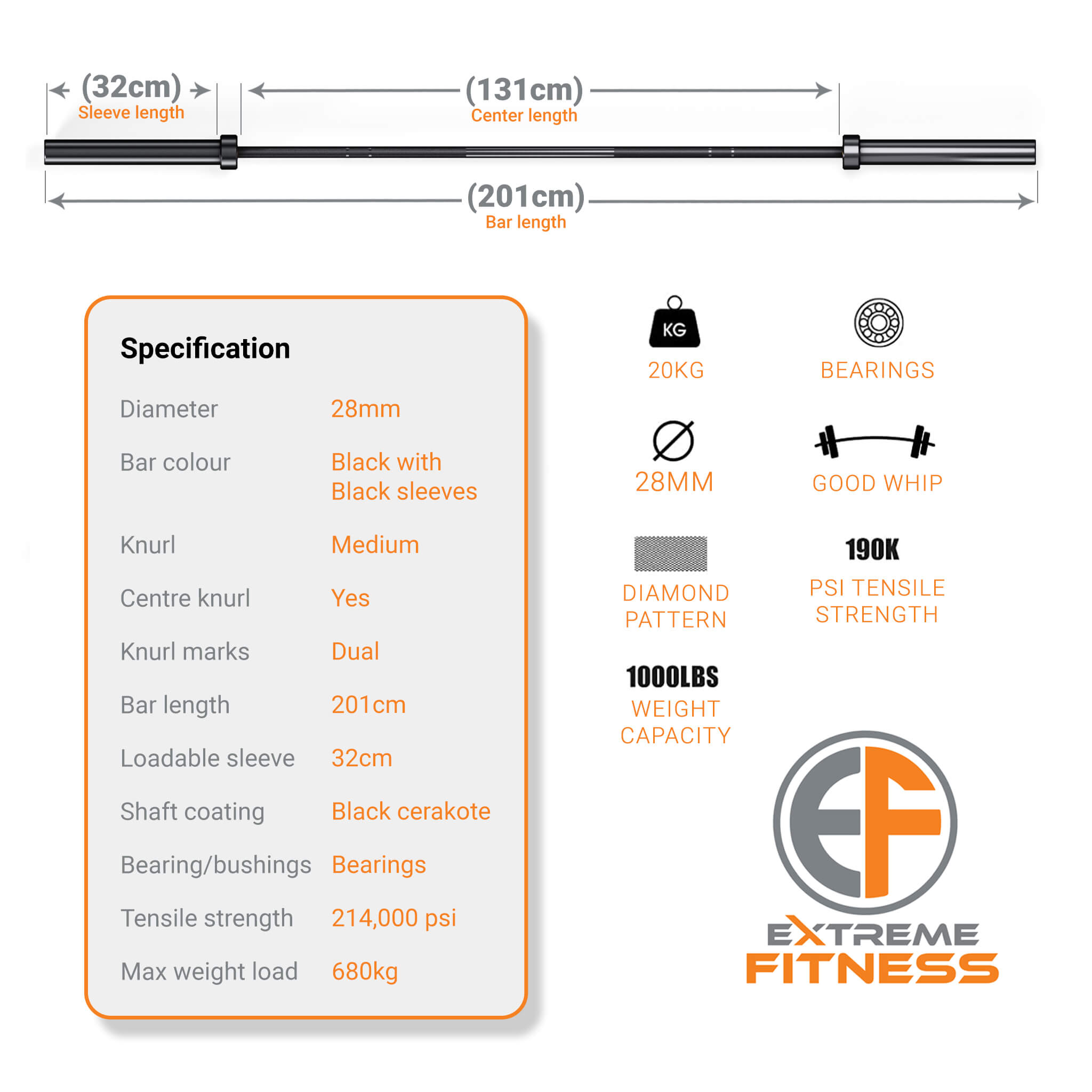 THE EXTREME FITNESS 7FT OLYMPIC BARBELL 20KG - BLACK - Extreme Fitness